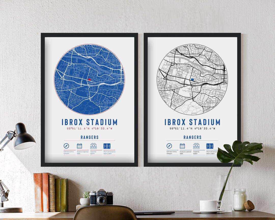 Rangers Ibrox Stadium Minimalist Map Prints & Frames | Gift Decor ...