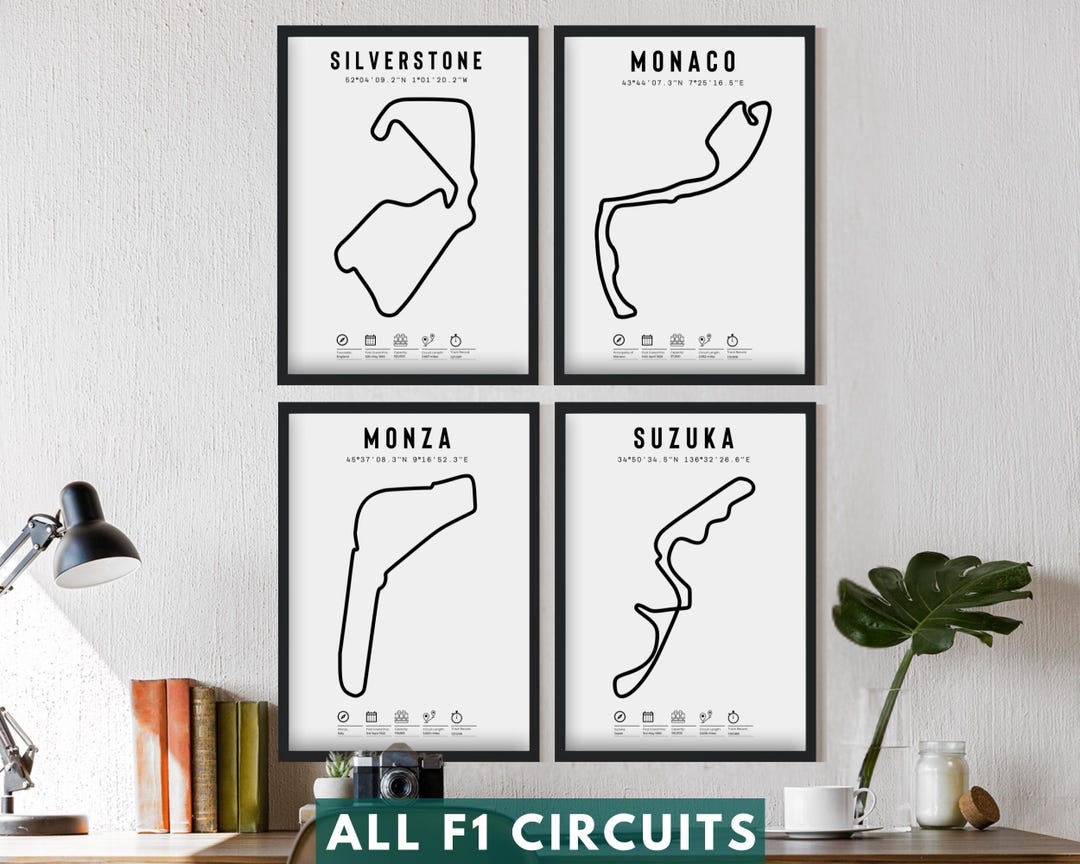 F1 Circuit Layouts Minimalist Prints & Frames Formula 1 Poster Racing ...