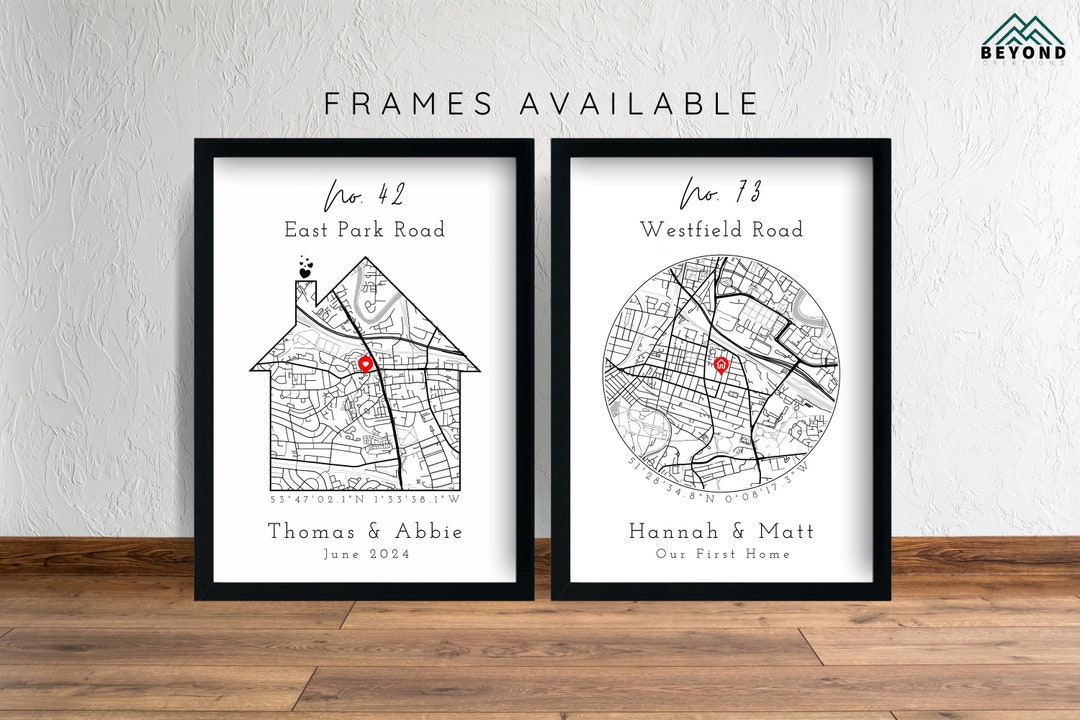 Personalised New Home Map Print & Frames House Shape Decor OS Location ...