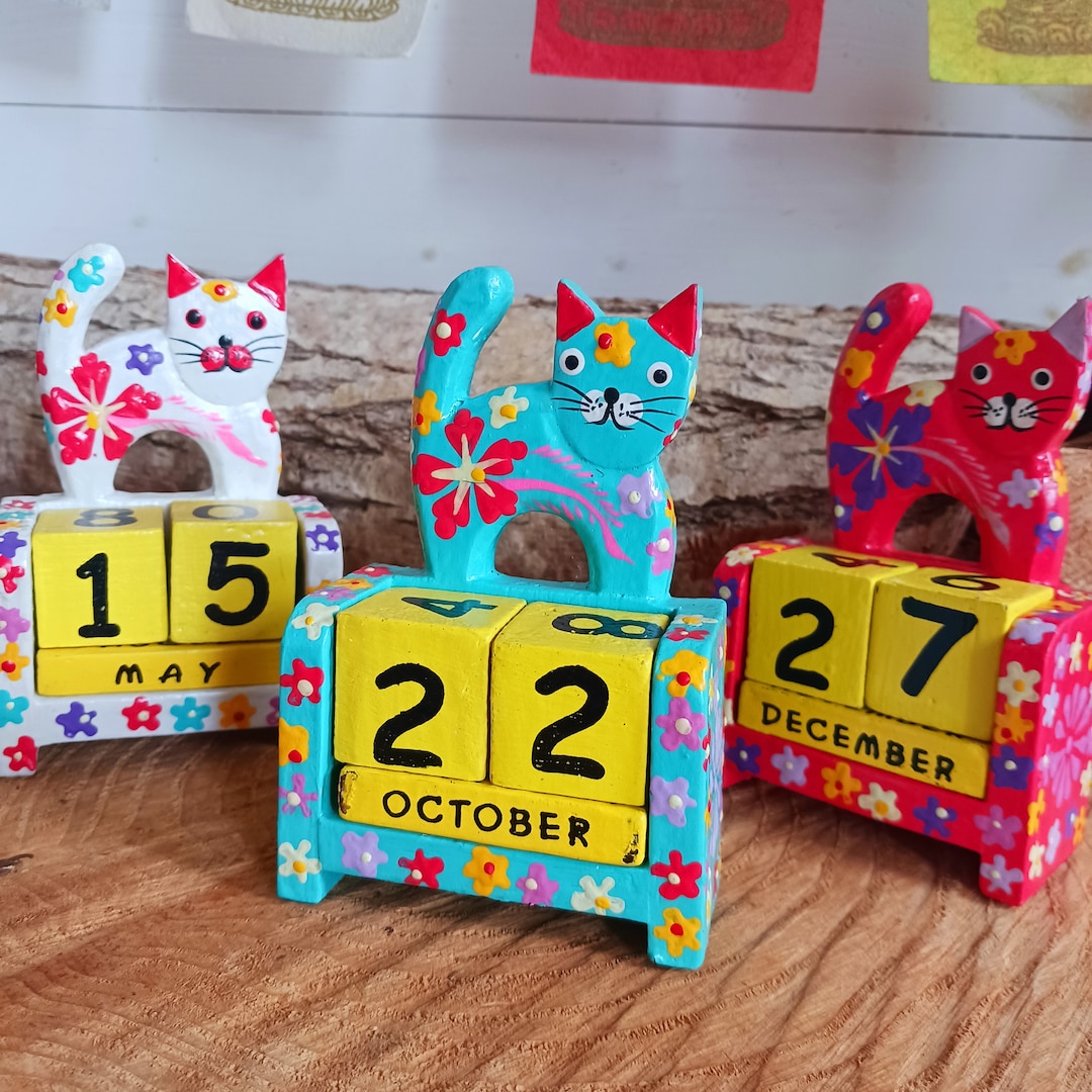 Wooden Hand Painted Cat Perpetual Calendars White Blue Red - Etsy