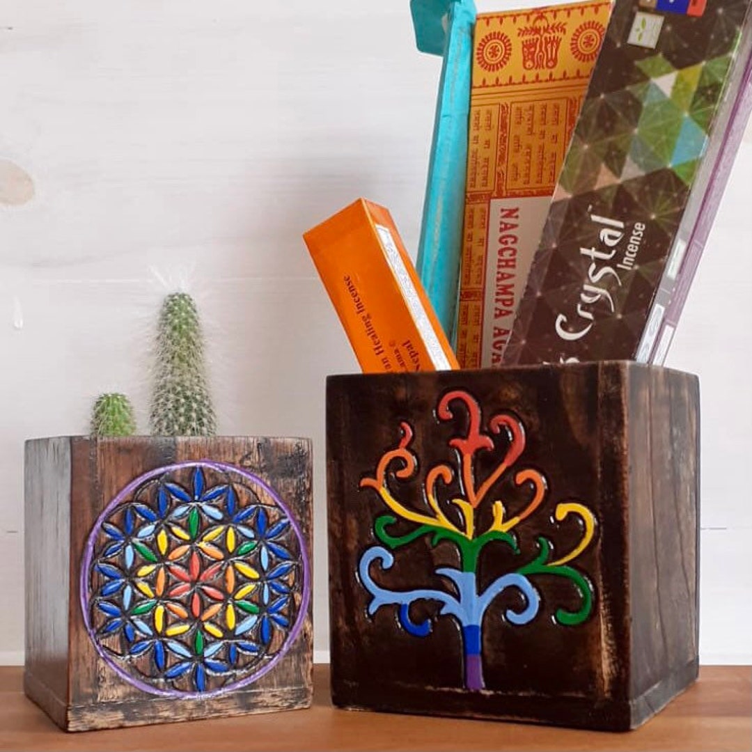 Set of Rainbow Tree of Life & Flower of Life Wooden Pots - Etsy
