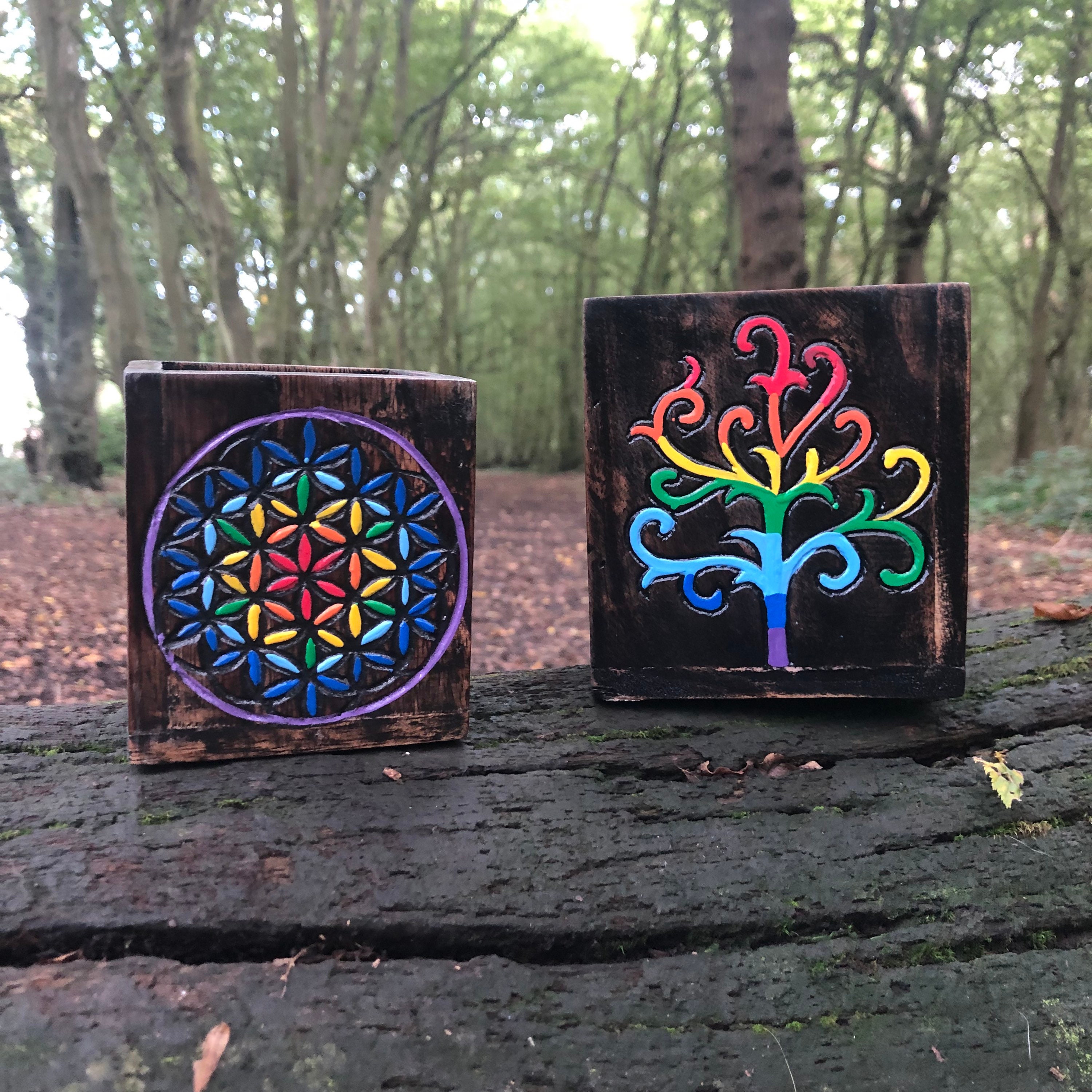 Set of Rainbow Tree of Life & Flower of Life Wooden Pots - Etsy