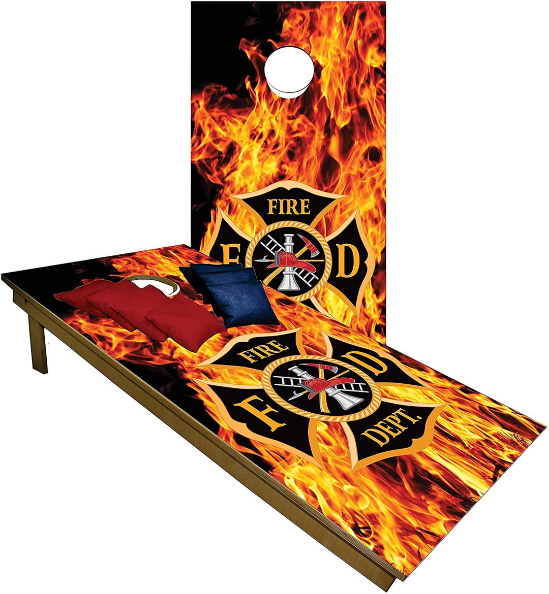 Premium Wood Cornhole Board Set W Bags UV Direct Print 2 X 4 Fire ...