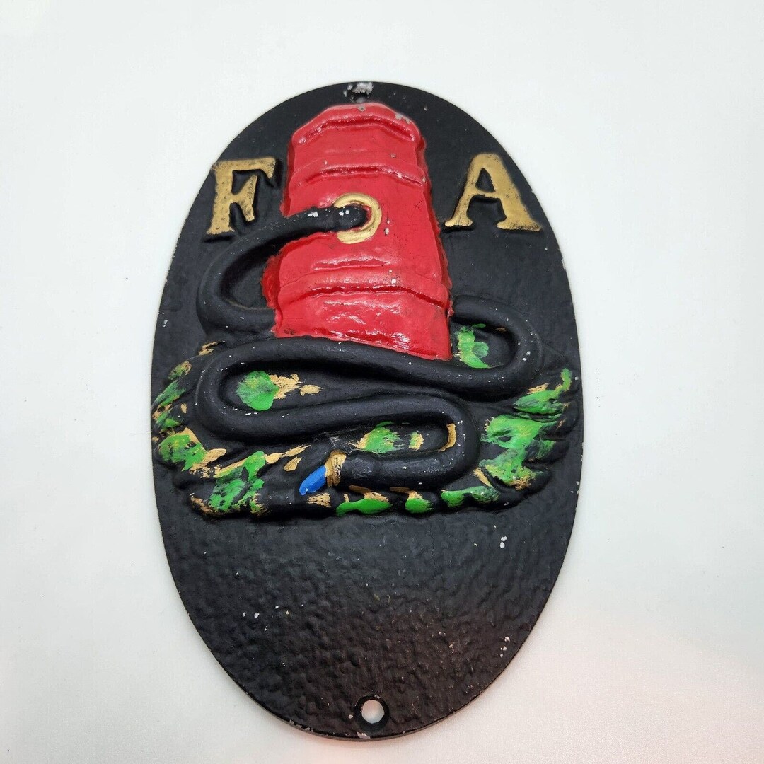 Vintage FIRE MARK Insurance Company Cast Iron Sign Ad Hydrant W/ Hose ...