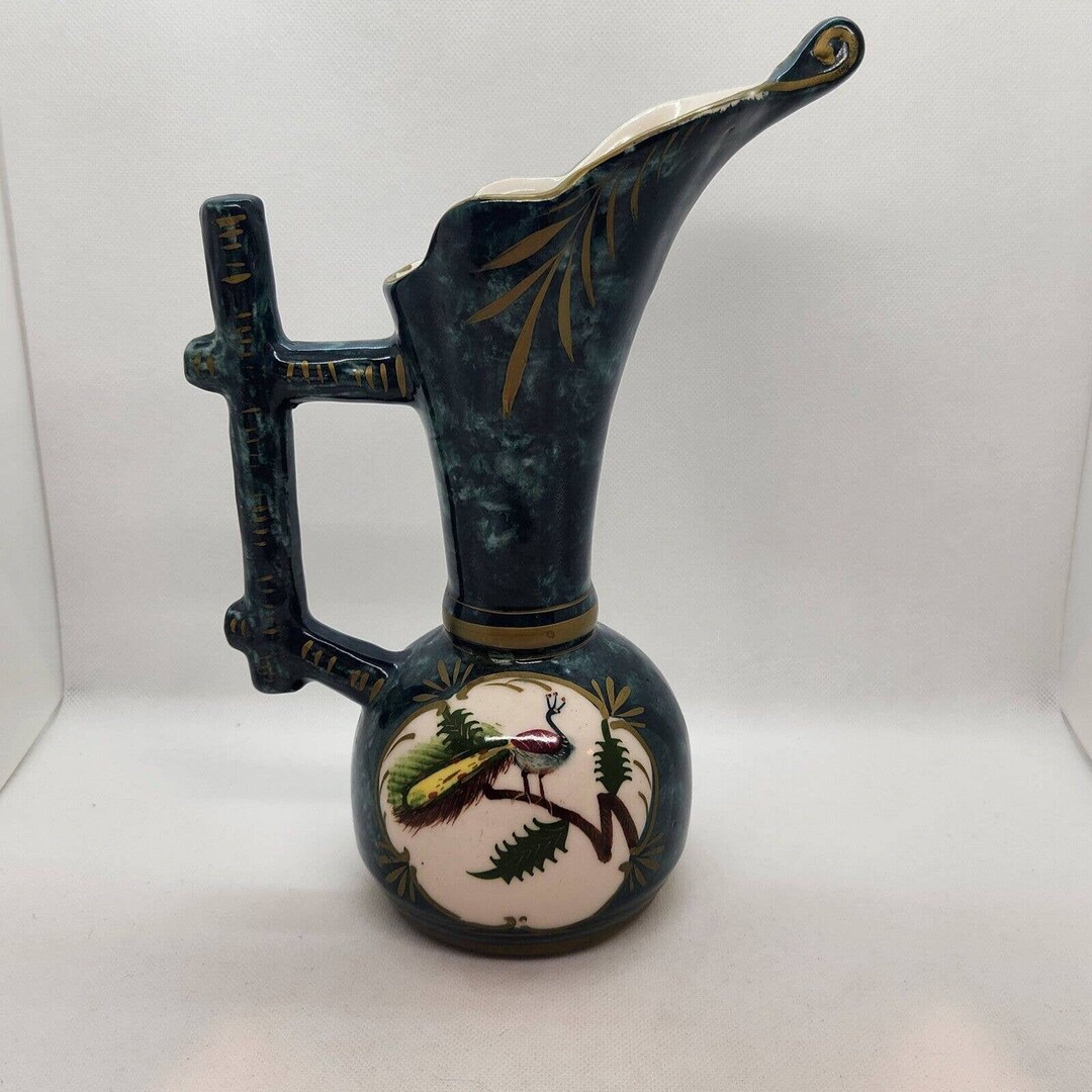 H BEQUET Hand Painted Peacock Pottery Vase Ewer Left Handed Vintage ...