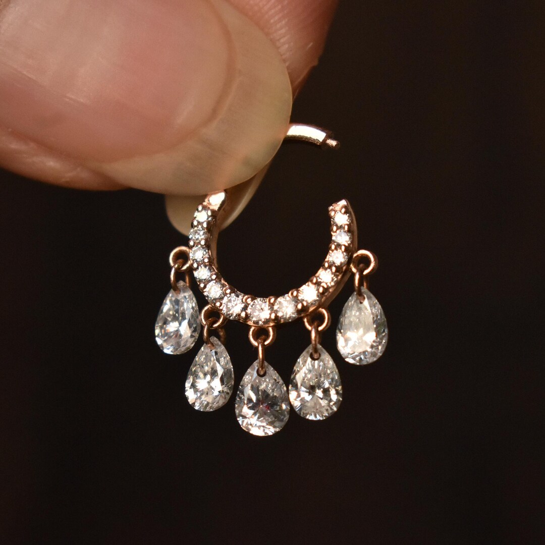 Dangling Lab Diamond Septum Clicker, Drilled Pear Diamonds on Studded ...