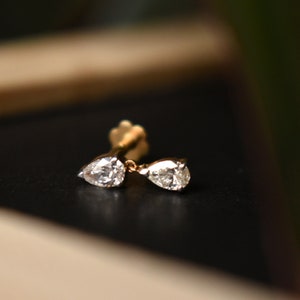Pear Lab Diamond Droplets Dangle Stud, Hanging Pear Lab Grown Diamond Stud, 14K 18K Solid Gold ...