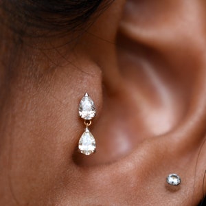 Pear Lab Diamond Droplets Dangle Stud, Hanging Pear Lab Grown Diamond Stud, 14K 18K Solid Gold ...