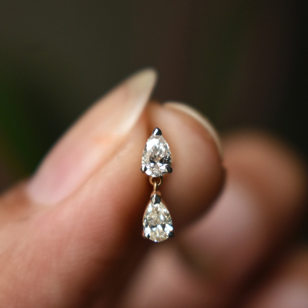 Pear Lab Diamond Droplets Dangle Stud, Hanging Pear Lab Grown Diamond Stud, 14K 18K Solid Gold ...