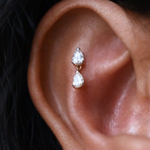 Pear Lab Diamond Droplets Dangle Stud, Hanging Pear Lab Grown Diamond Stud, 14K 18K Solid Gold ...