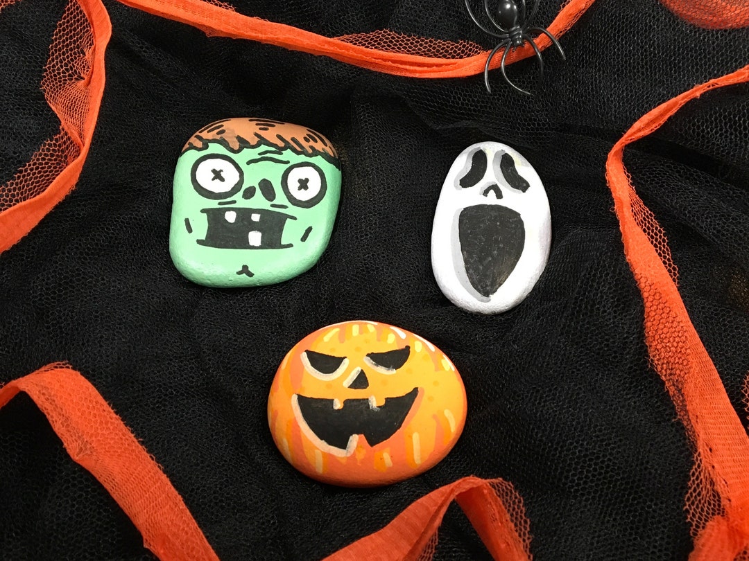 Hand Painted Spooky Halloween Pebbles. Set of 3. Pumpkin, Zombie and ...