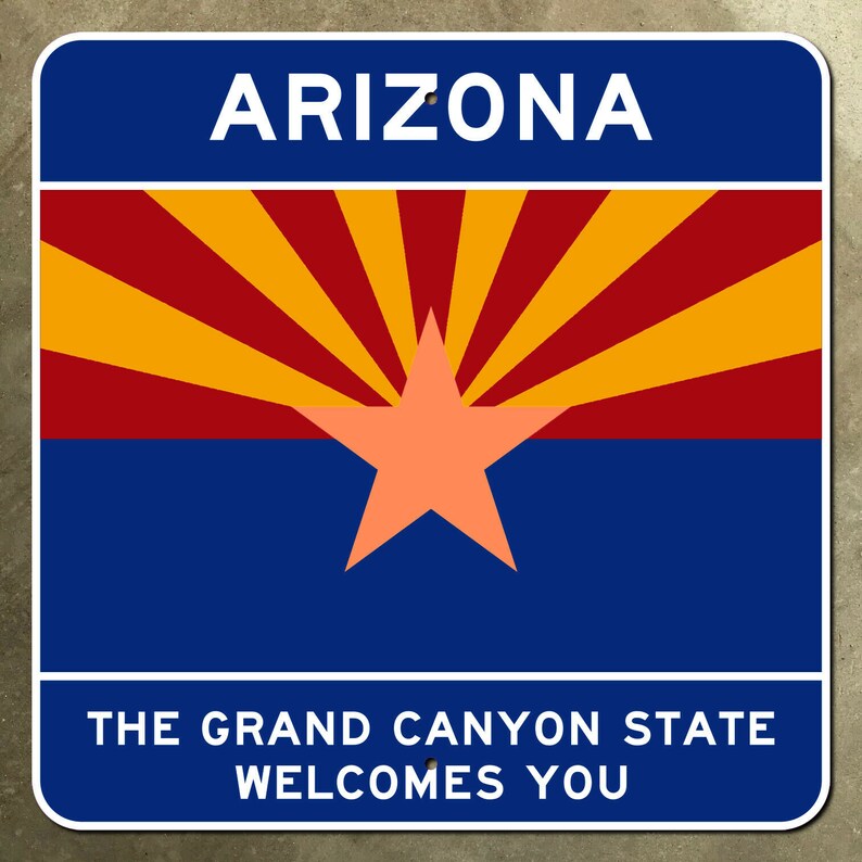 Arizona State Line Highway Marker Road Sign Sun Rays Star Blue Copper ...