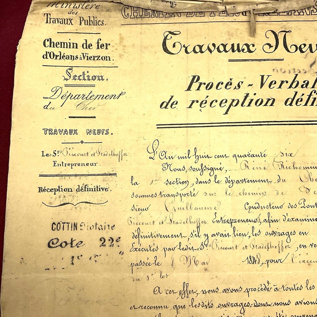 Rene Richomme 1846 Document | Orleans A Vierzon Train Station | Antique ...