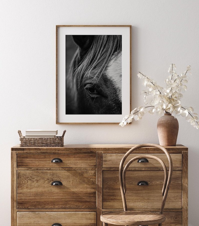 Paard zwart-wit fotografieprint, portret van het wilde paard, rustieke muurkunst, AFDRUKBARE ...