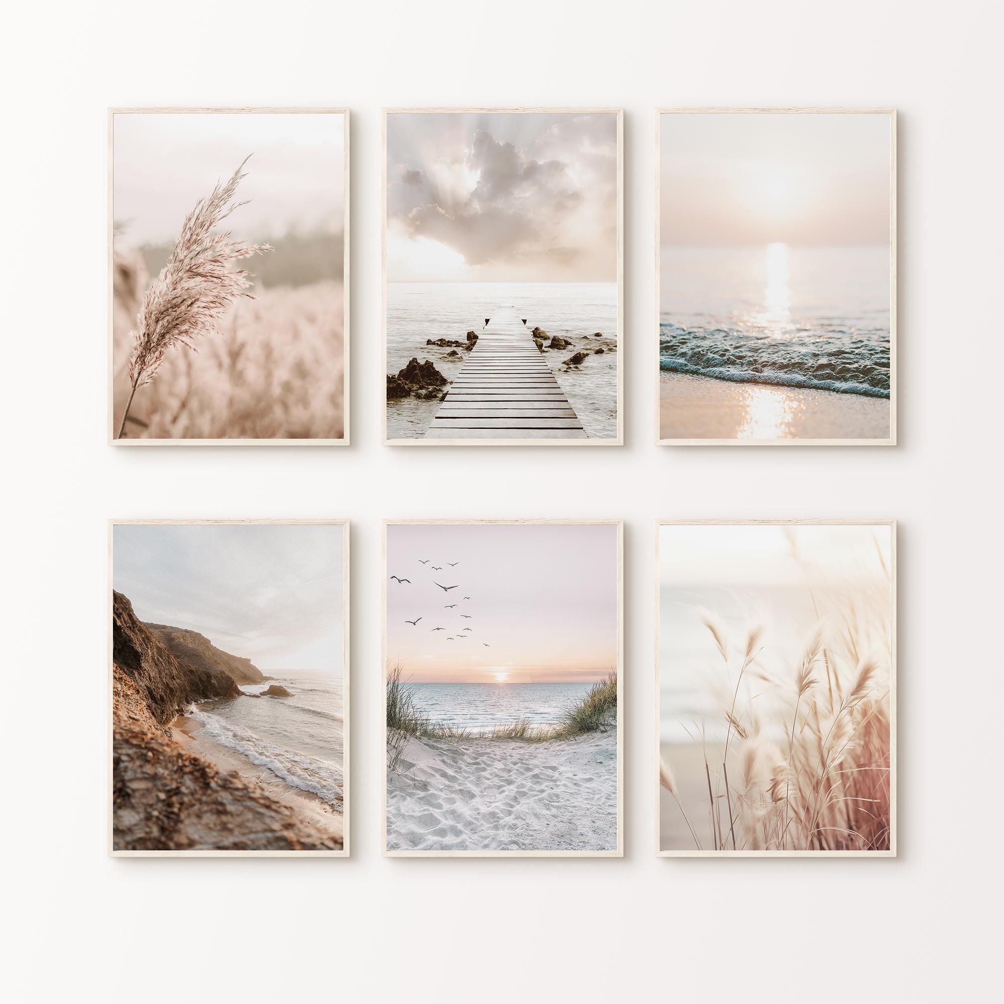 Boho Beach Gallery Wall Set, Printable Sunset Coastal 6 Pieces Wall Art ...