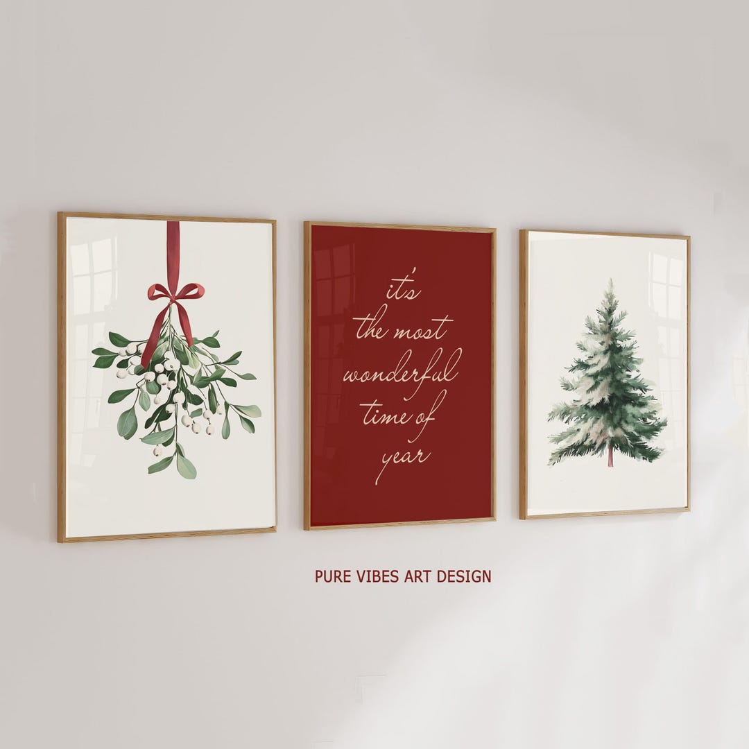 Christmas Wall Art Set of 3, Printable Winter Holiday Decor, Festive ...