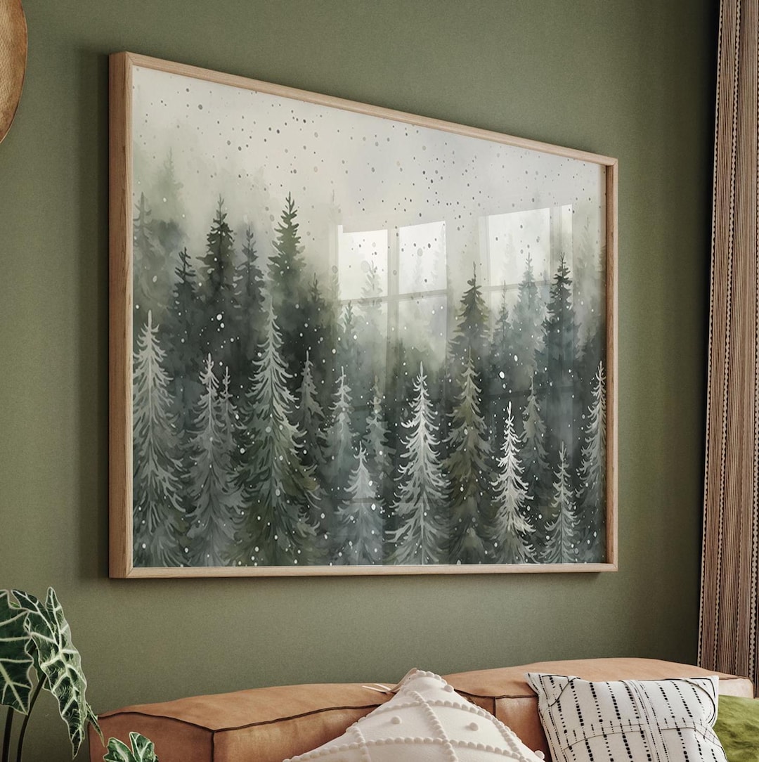 Pine Tree Winter Wall Art, Printable Watercolor Forest Painting, Snow ...