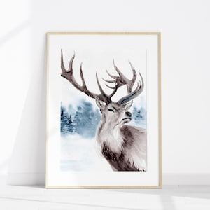 Winter Wall Art, Printable Reindeer Watercolor Painting, Snow Landscape ...