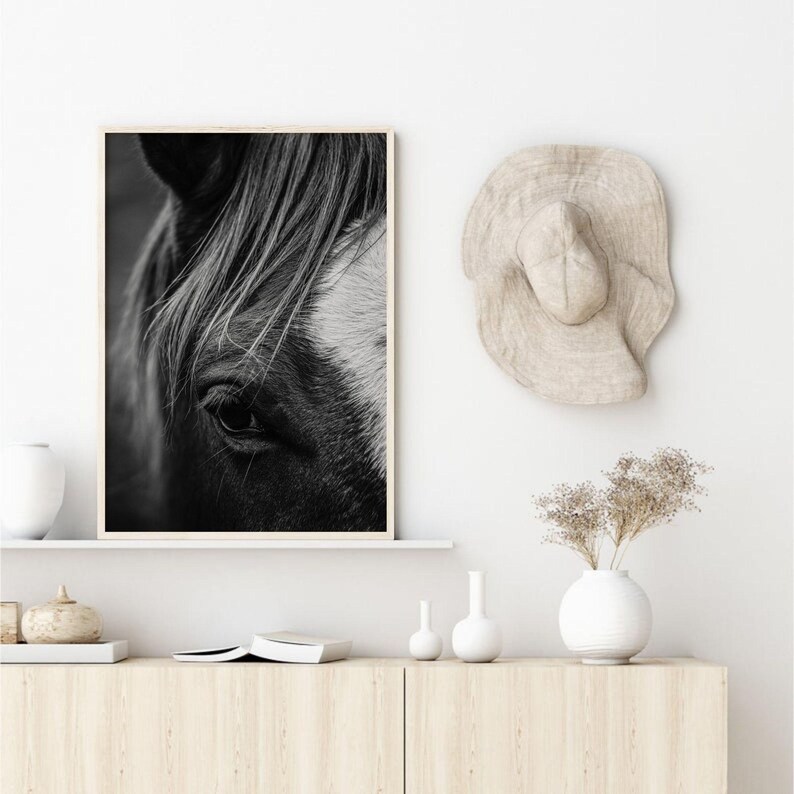 Paard zwart-wit fotografieprint, portret van het wilde paard, rustieke muurkunst, AFDRUKBARE ...