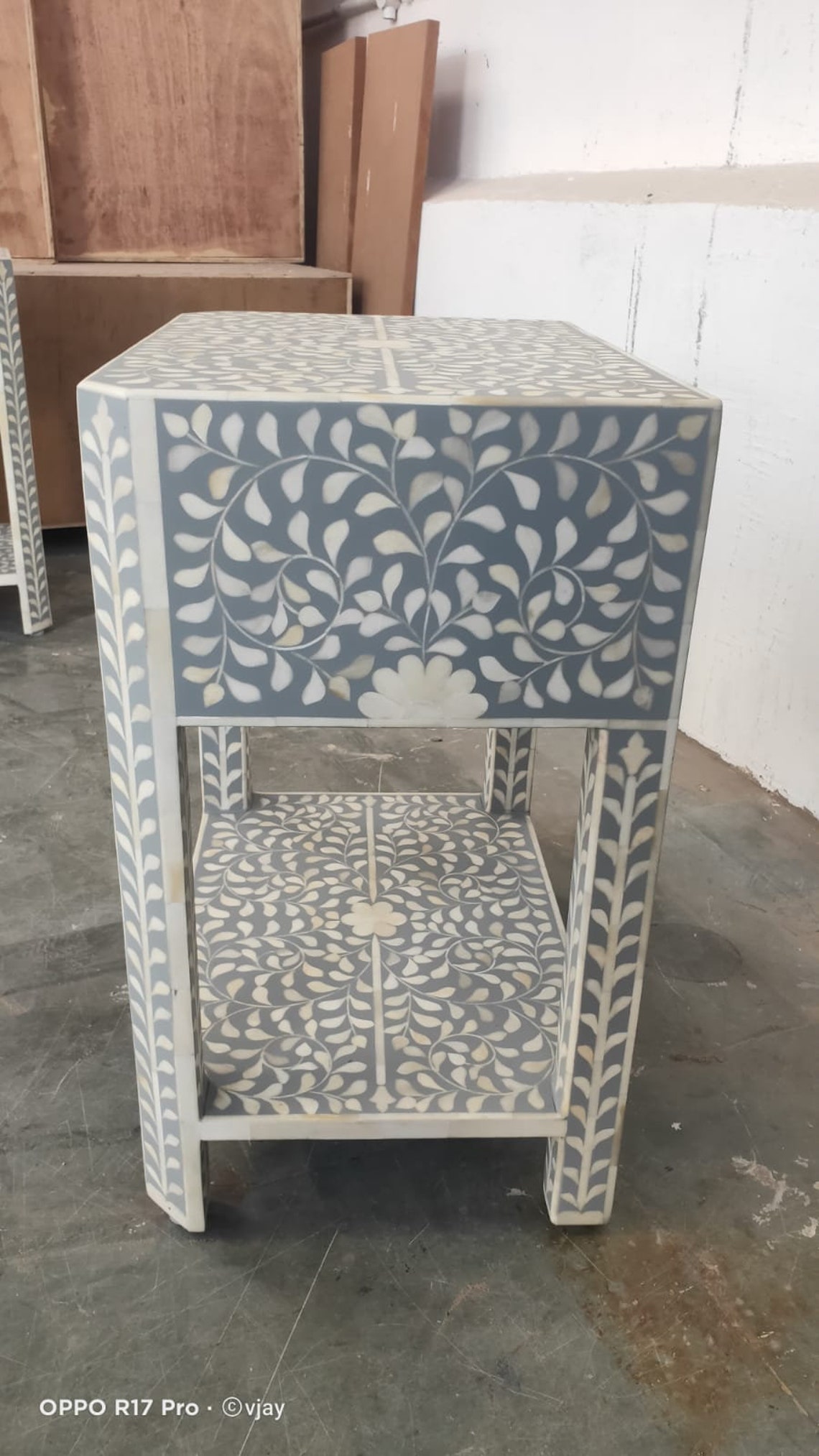 Bone Inlay Bedside Table With Shelf Dark Grey Bone Inlay - Etsy