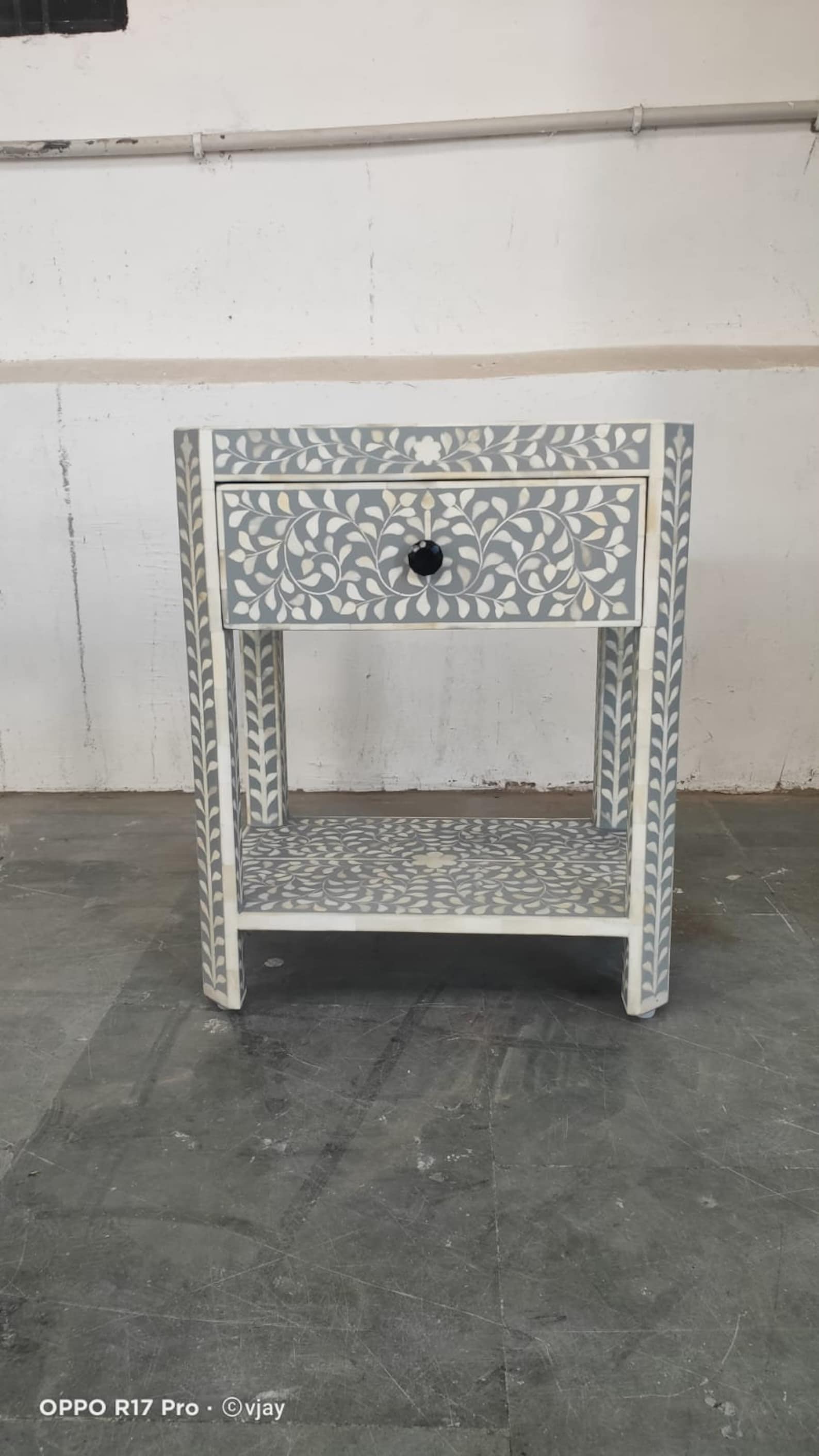 Bone Inlay Bedside Table With Shelf Dark Grey, Bone Inlay Nightstand ...