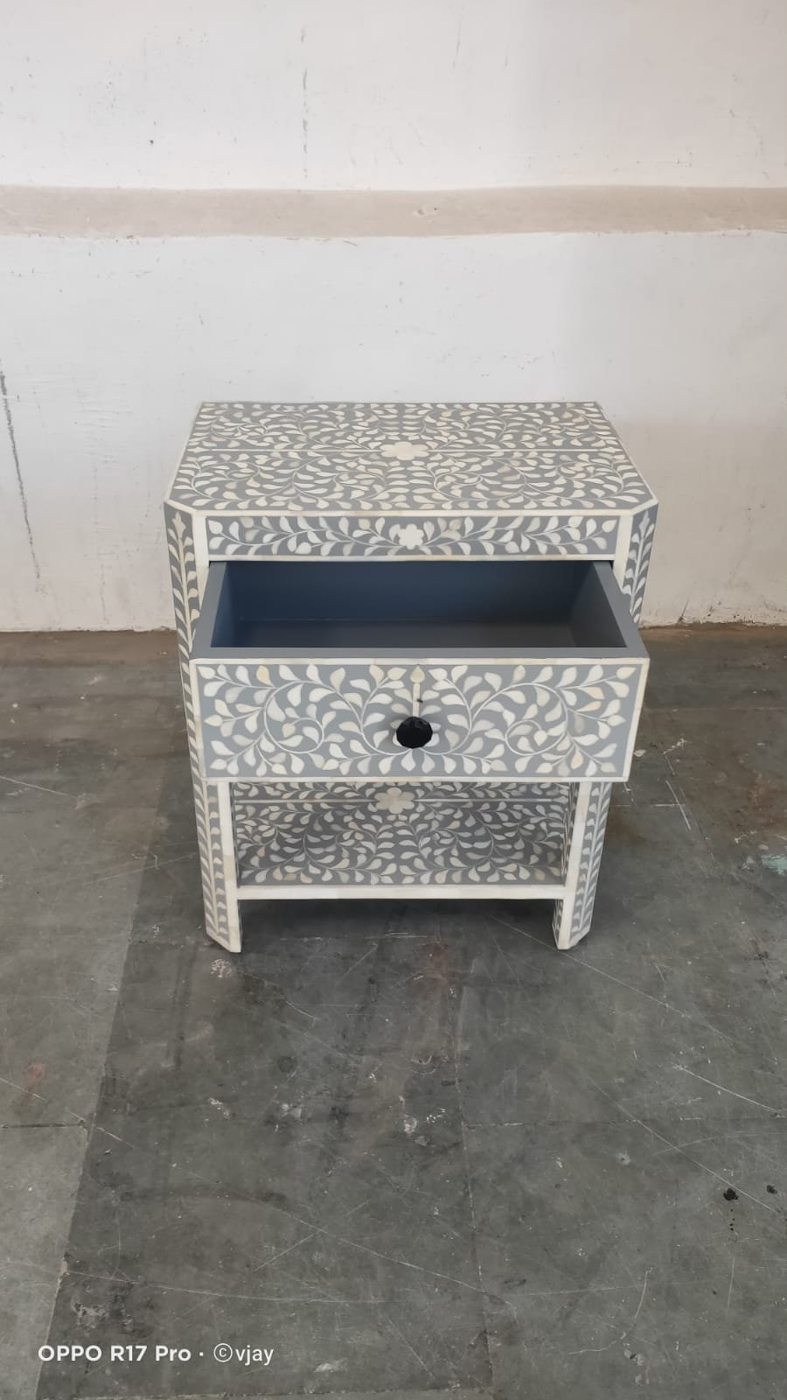 Bone Inlay Bedside Table With Shelf Dark Grey, Bone Inlay Nightstand ...