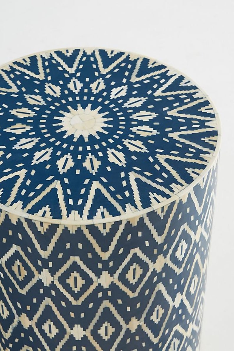Bone Inlay Ikat Design Round End Table Blue Bone Inlay Ikat - Etsy