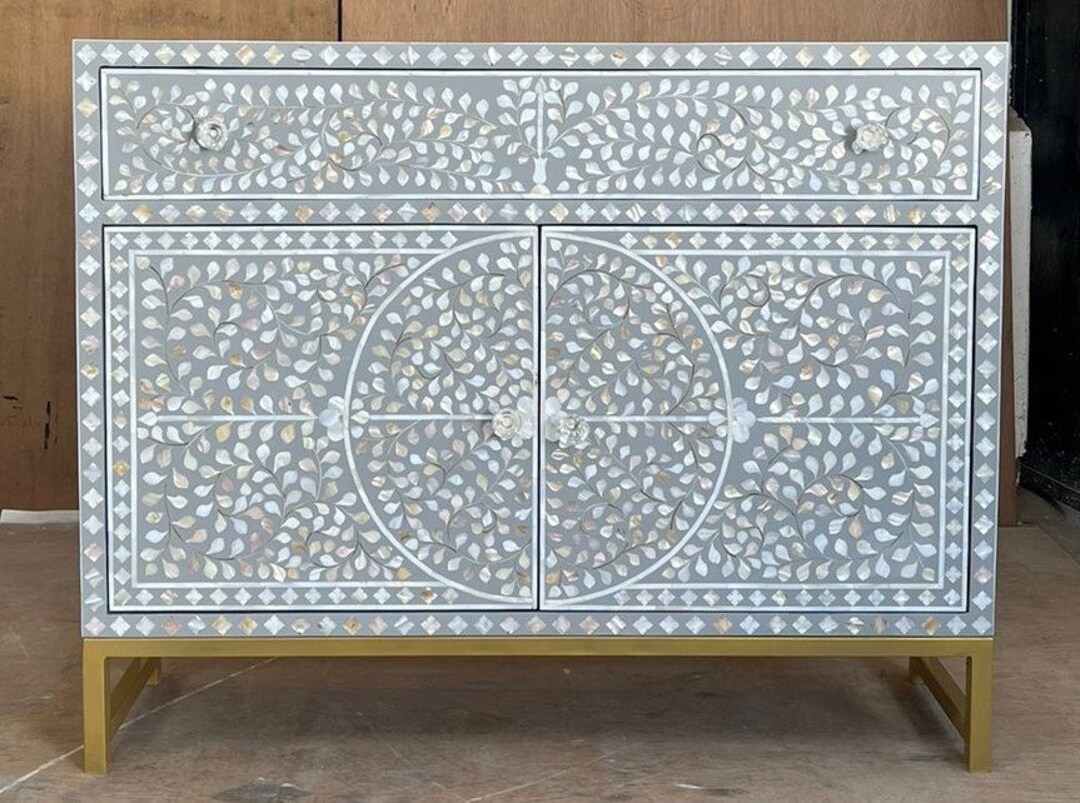 Custom Mother of Pearl Inlay Scroll Vine Design Entryway Cabinet Grey ...