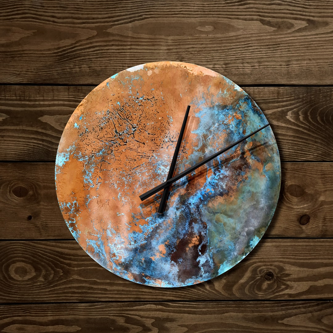 Large Wall Clock, Industrial Copper Wall Clock, Wall Art Copper, Round Clock Patina Copper, Blue ...