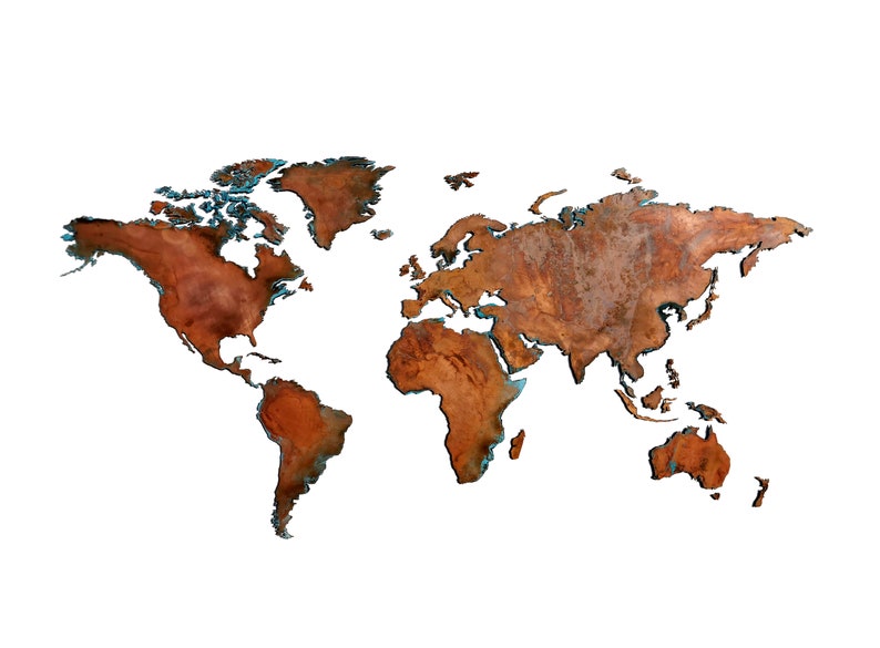Metal World Map. Patinated Copper Wall Art. Large Copper Map. World Map ...