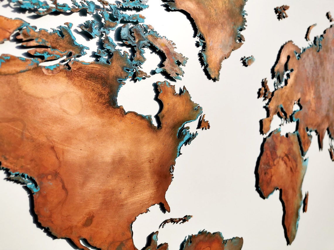 Metal World Map. Patinated Copper Wall Art. Large Copper Map. World Map ...
