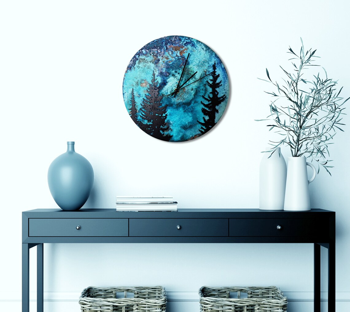 Round Wall Clock Forest. Trees Wall Art. Copper Wall Clock. Patina ...