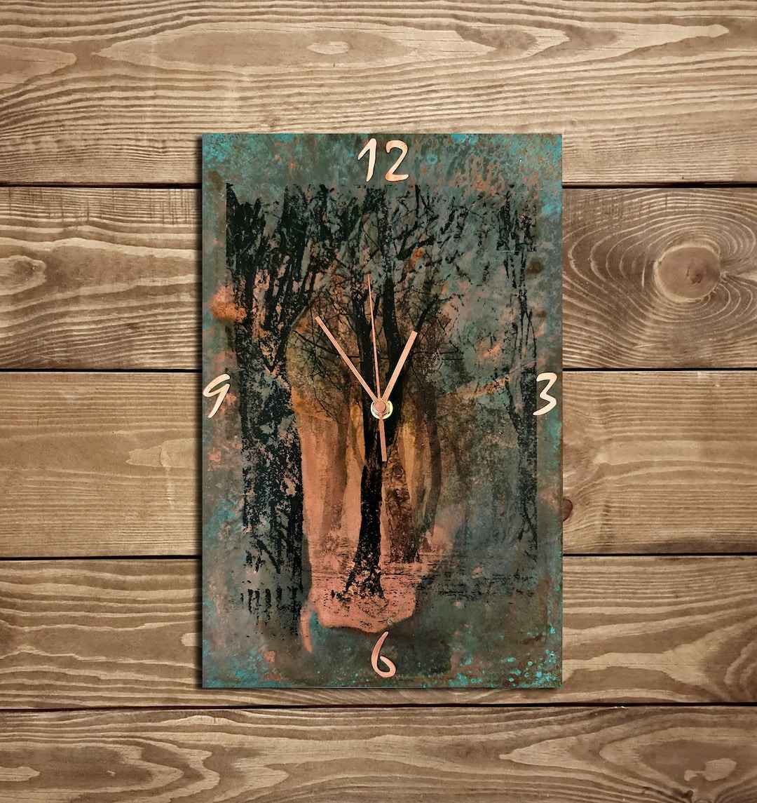 Copper Wall Clock With Trees, Artistic Wall Clock, Patinated Clock ...