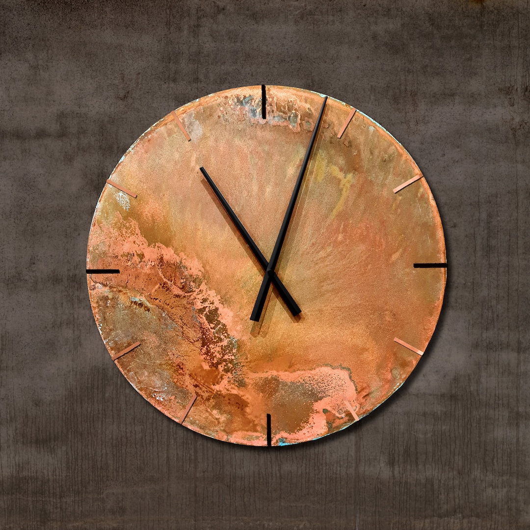 Wall Clock Round, Industrial Clock Copper Patina. Wall Art Copper ...