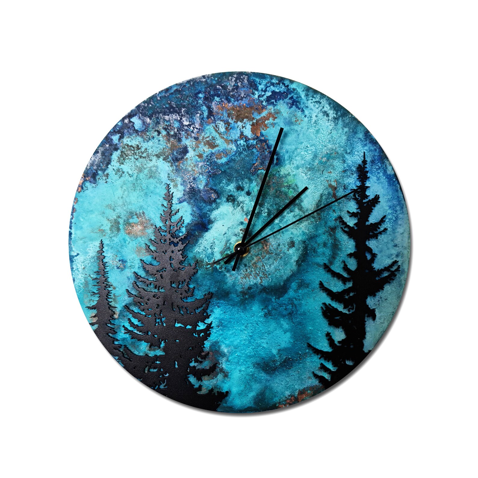 Round Wall Clock Forest. Trees Wall Art. Copper Wall Clock. Patina ...