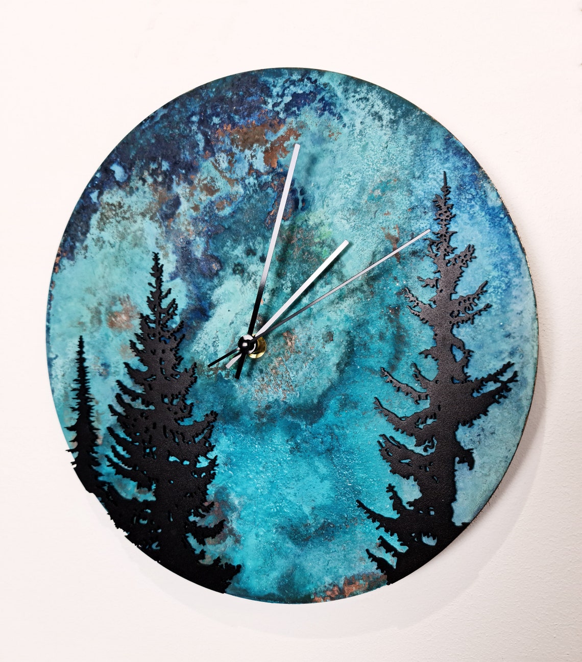 Round Wall Clock Forest. Trees Wall Art. Copper Wall Clock. Patina ...
