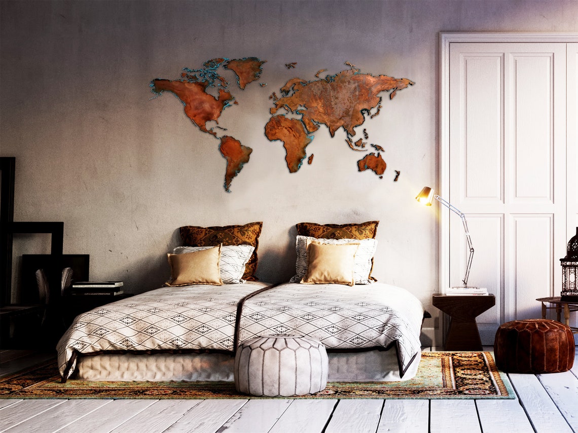 Metal World Map. Patinated Copper Wall Art. Large Copper Map. World Map ...