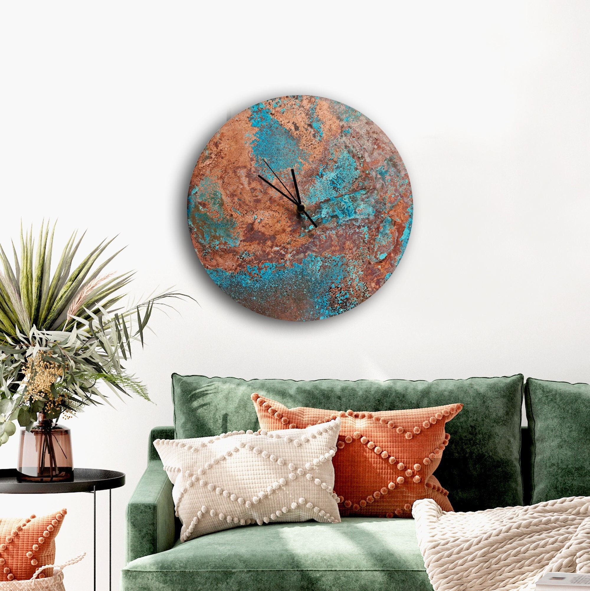 Large Round Wall Clock, Copper Wall Art, Patina Copper Clock, Artistic ...