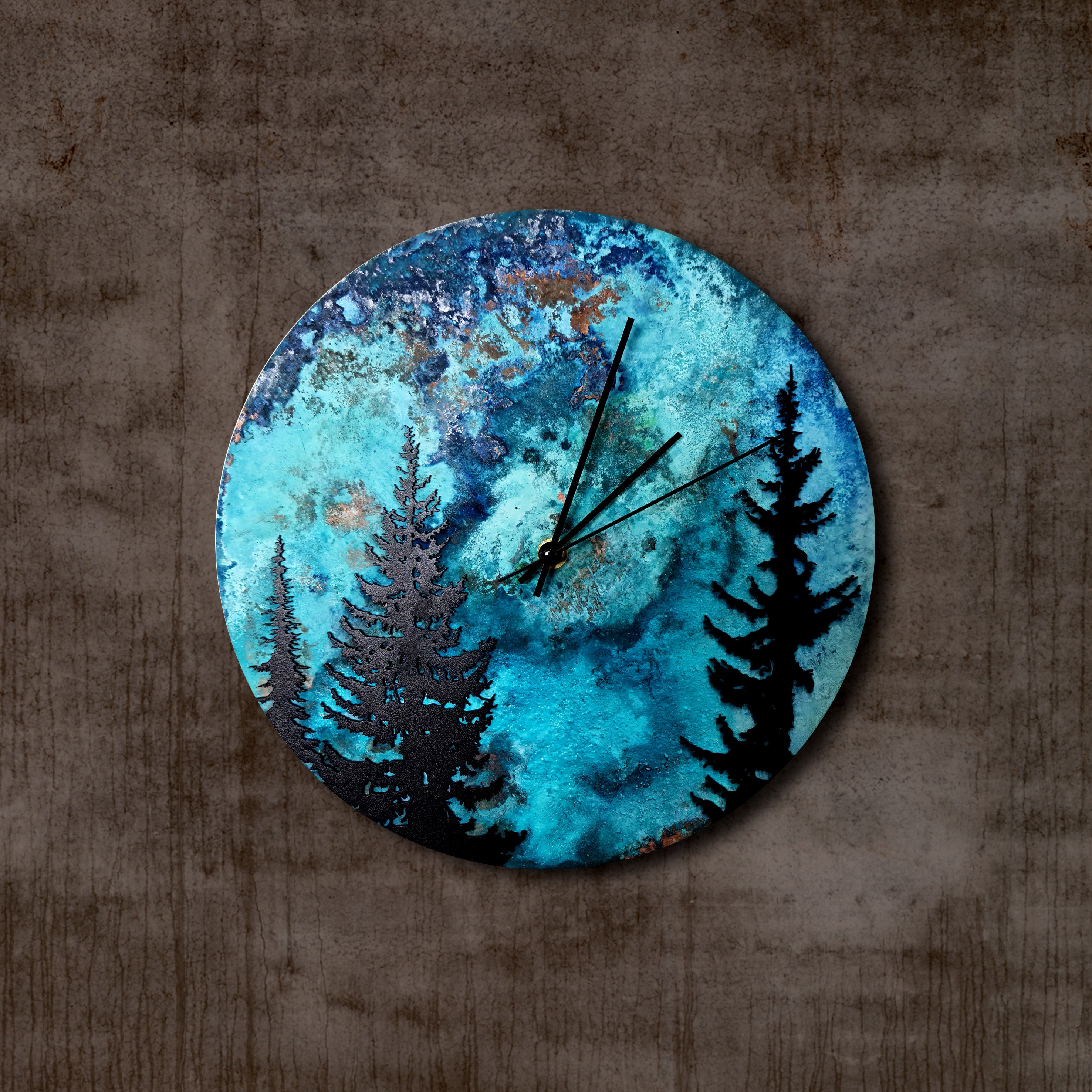 Round Wall Clock Forest. Trees Wall Art. Copper Wall Clock. Patina ...