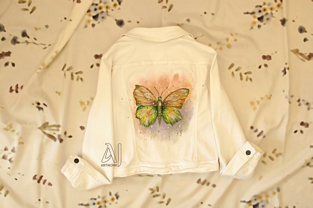 Butterfly Hand-painted White Denim Jacket Women, Hand-painted Jean ...