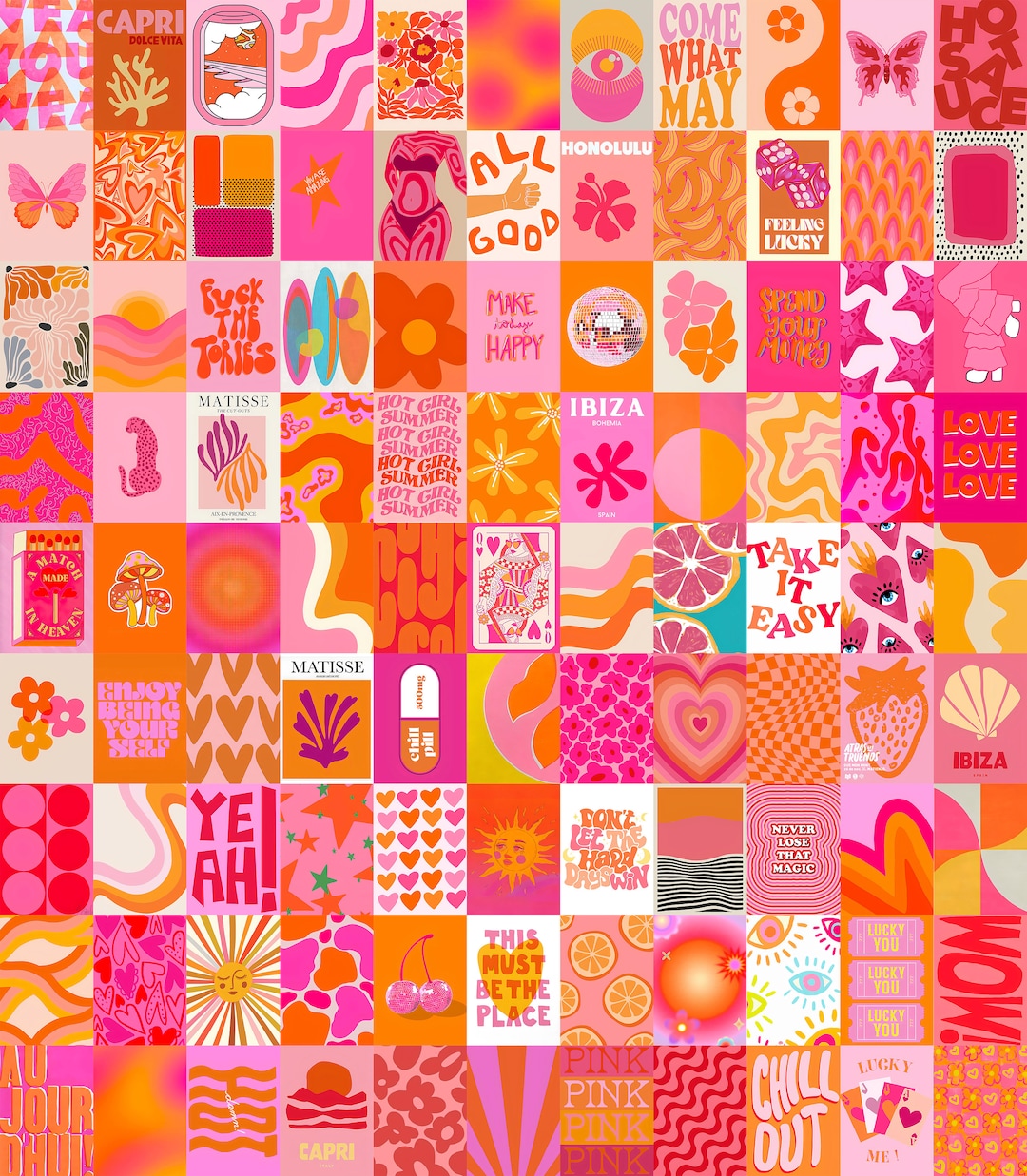 100 PCS Pink and Orange Preppy Poster Prints Pink Danish Wall Collage ...