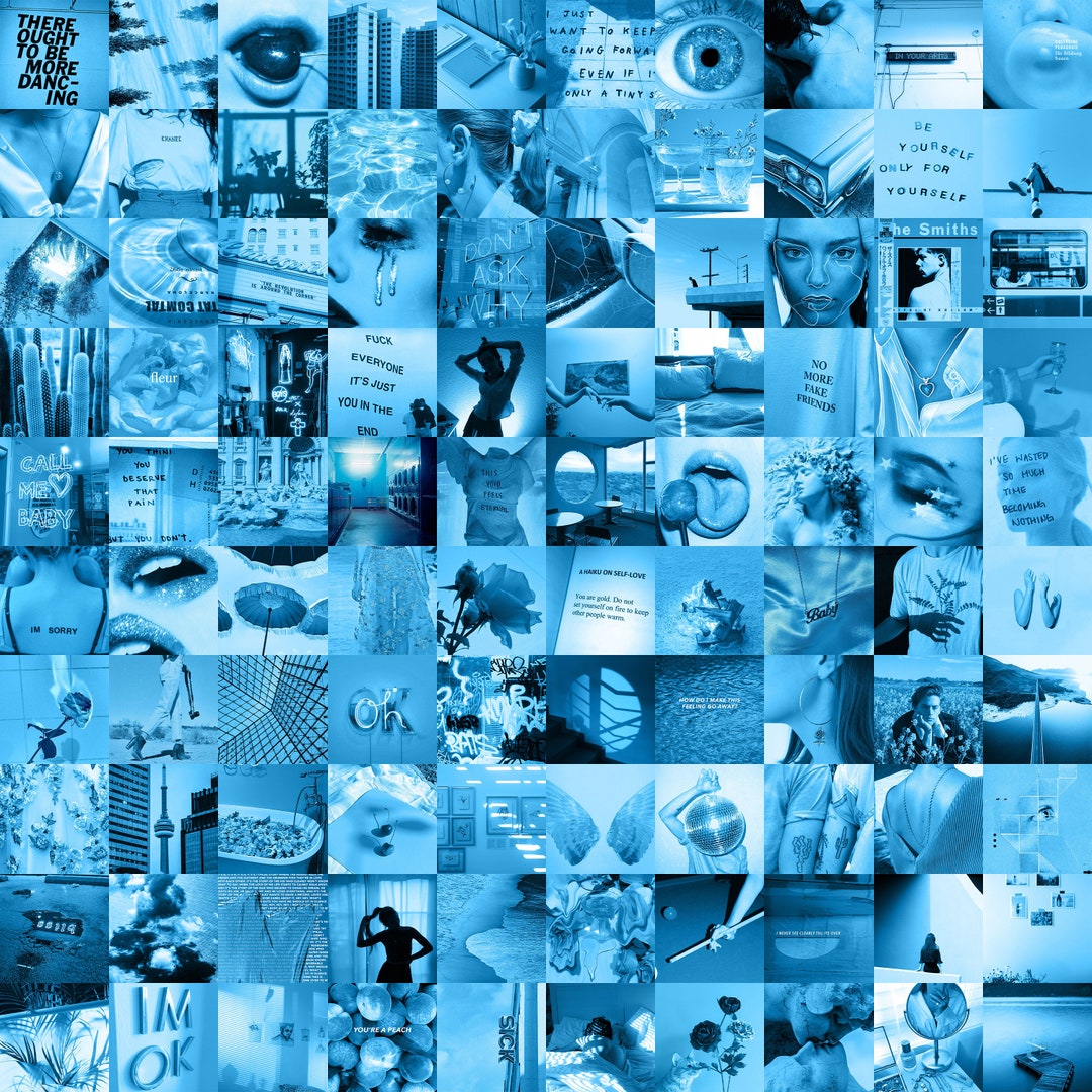 100 Pcs Blue Aesthetic Wall Collage Kit Blue Photo Collage Blue Trendy