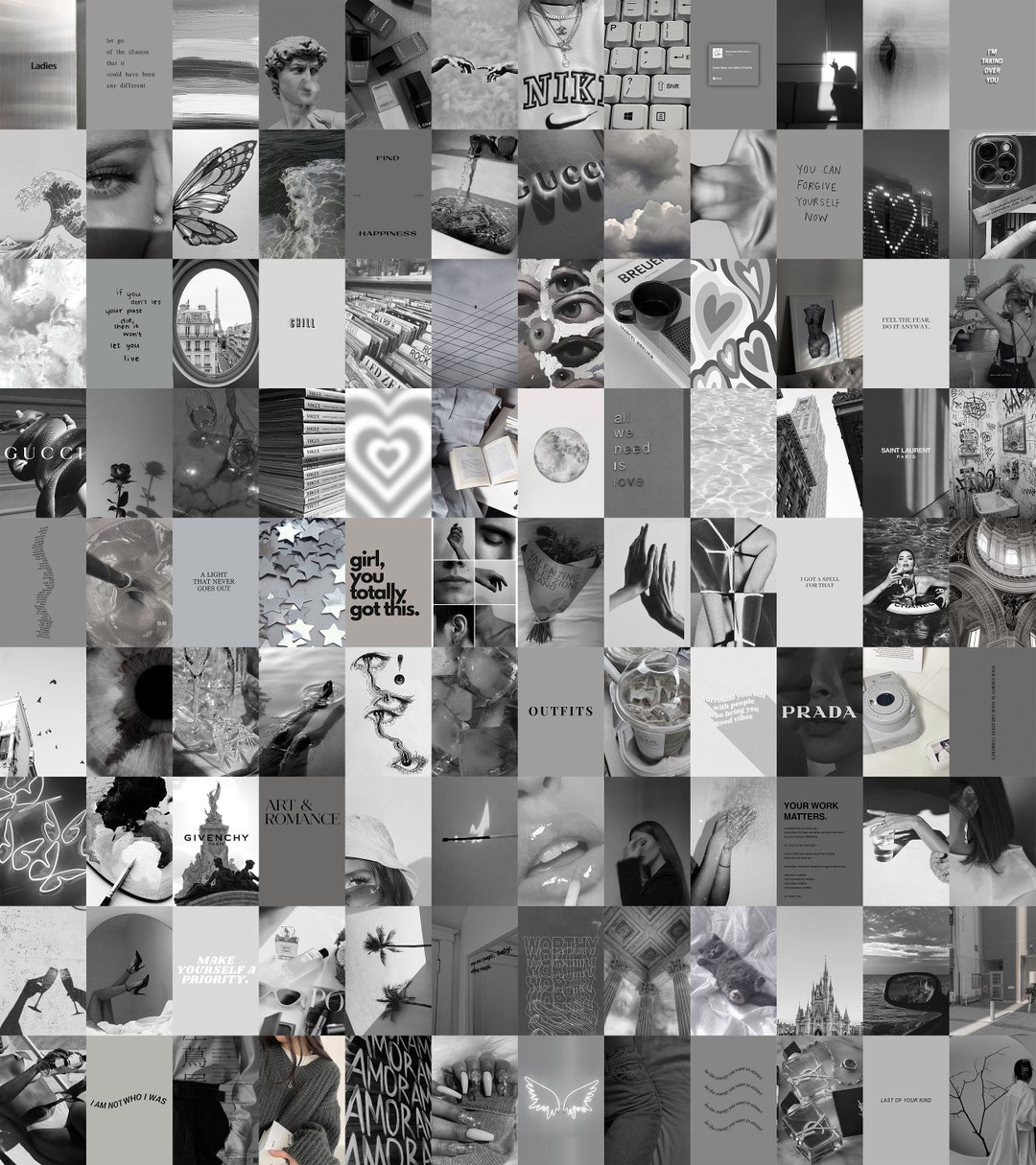 108 PCS Gray Aesthetic Wall Poster Prints Gray Wall Print Collage Black ...