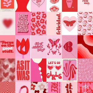 100 PCS Red and Pink Danish Wall Collage Kit Pink Preppy Poster Collage ...