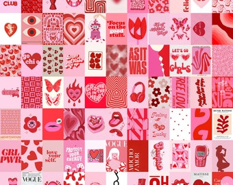60 PCS Red and Pink Danish Wall Collage Kit Pink Preppy Poster Collage ...