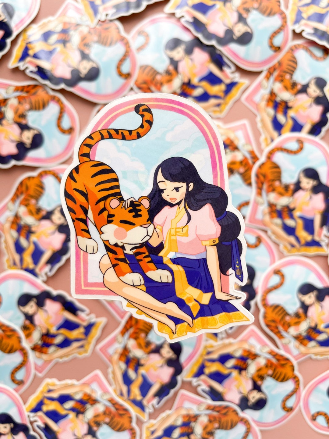 Hanbok Girl With Tiger Cute Illustration - Transparent Glossy Vinyl ...