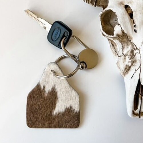 COWHIDE EARTAG KEYCHAIN Cow Cattle Ear Tag Hair on Cowhide - Etsy