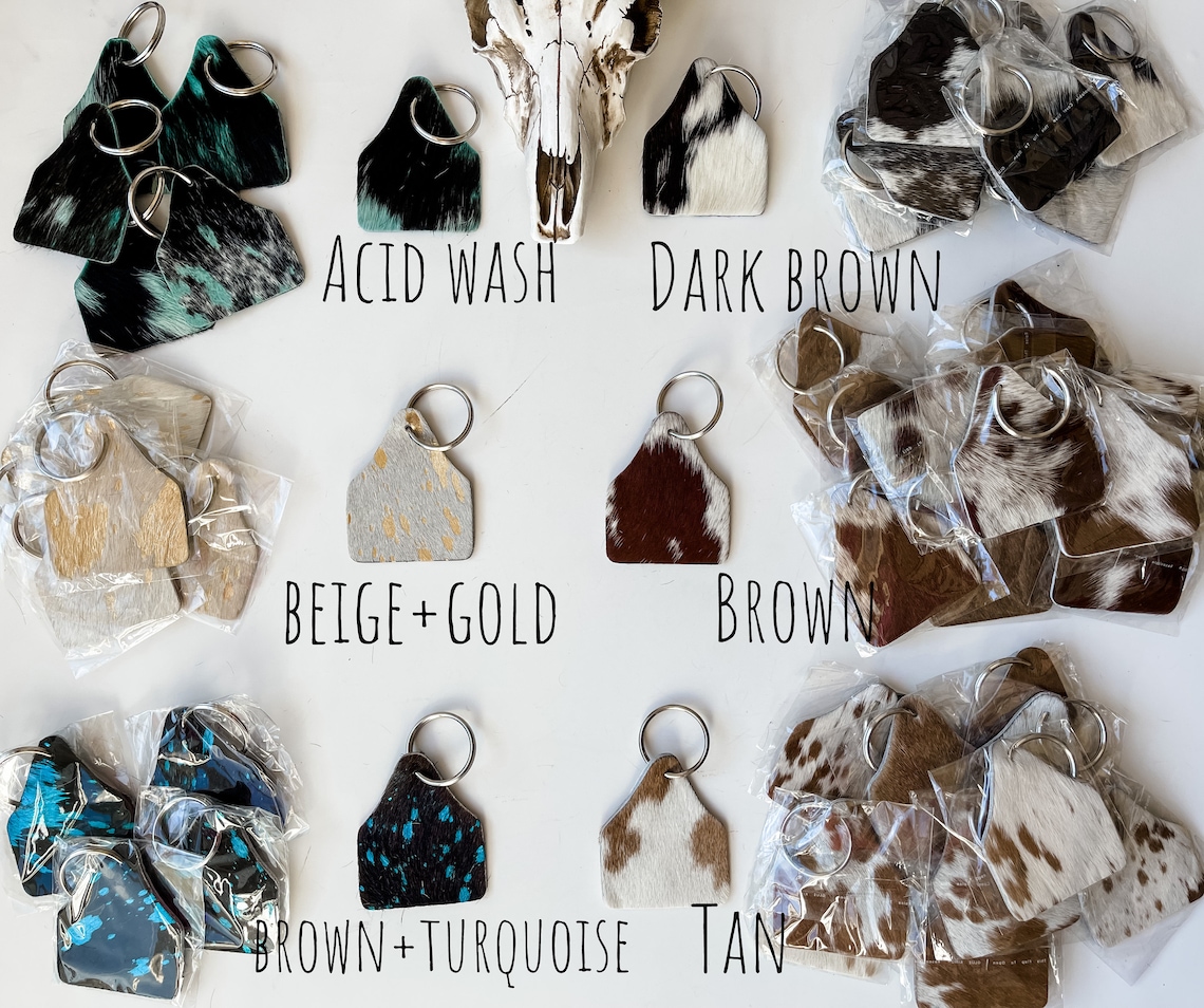 COWHIDE EARTAG KEYCHAIN Cow Cattle Ear Tag Hair on Cowhide | Etsy