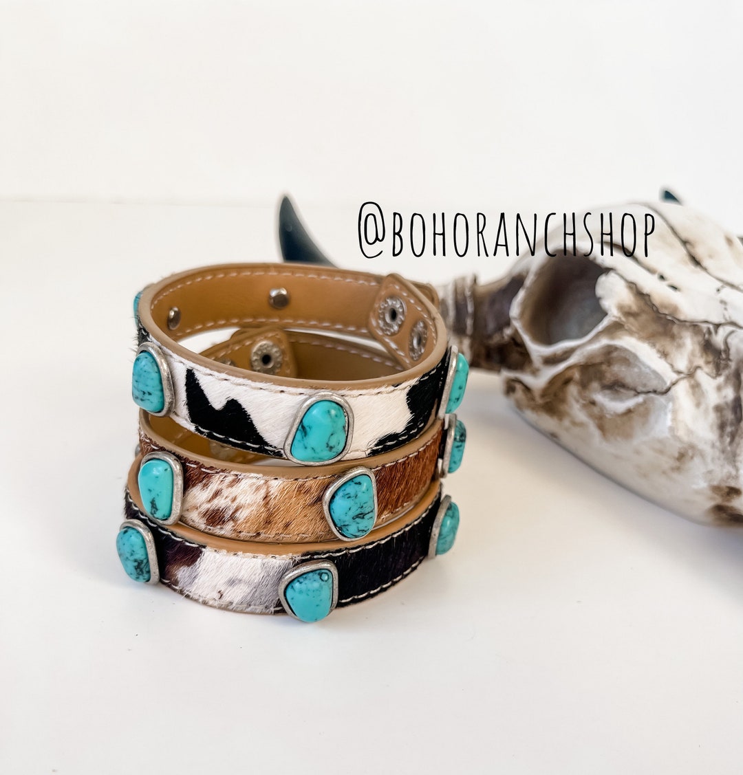 COWHIDE CUFF STONE Bracelet | Hair on Cowhide Genuine Leather ...