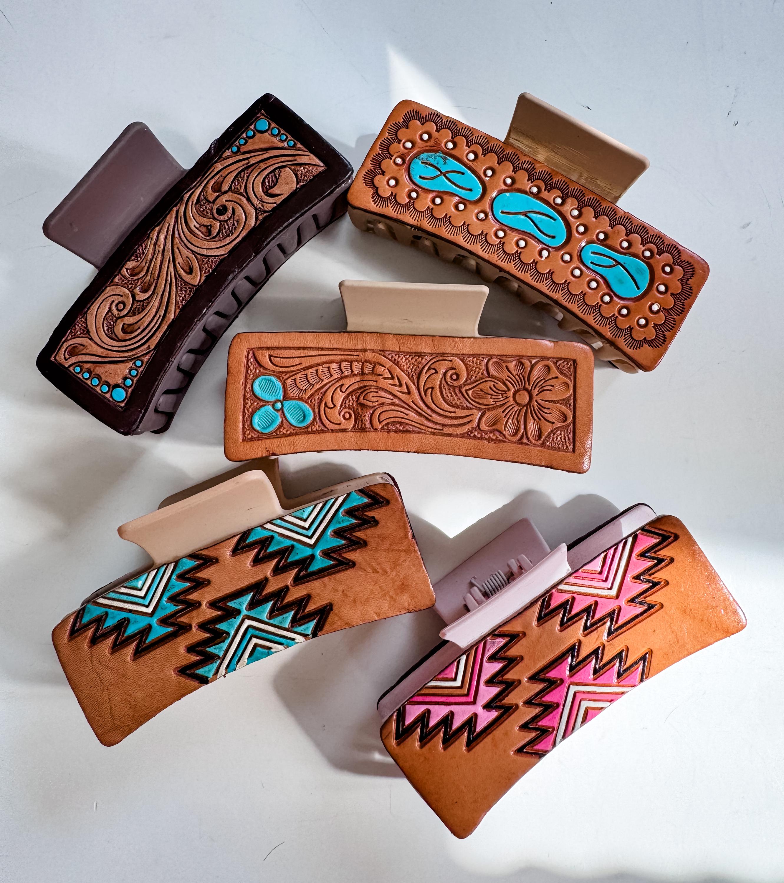 EMBOSSED LEATHER HAIR Claw Clip - Western Embossed Leather Hair Clip ...